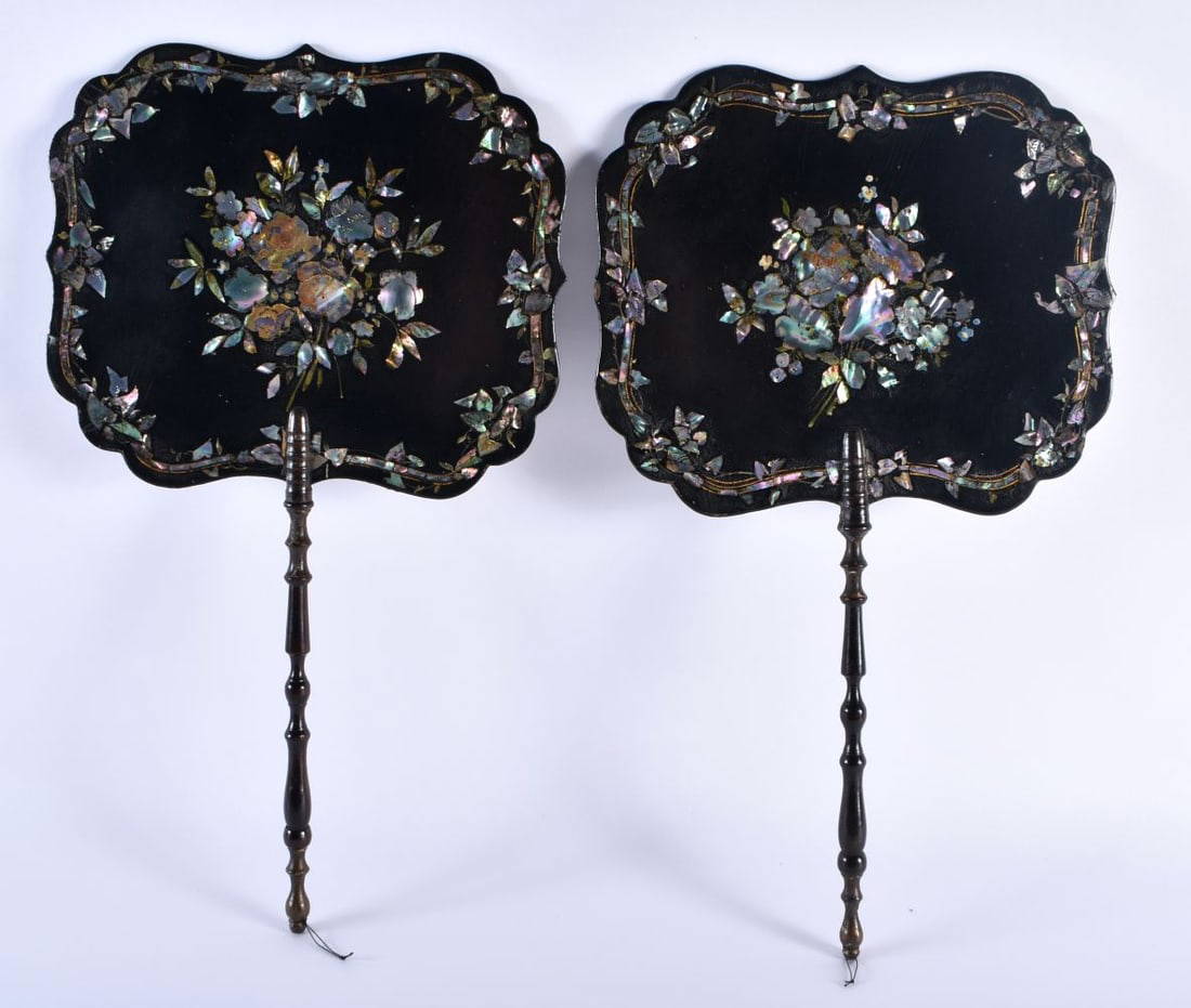 A Pair Of Antique Country House Black Lacquered Mother Of Pearl Fans ...