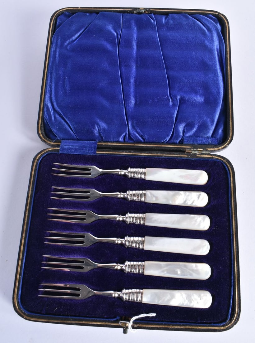 A Cased Set Of Six Silver Desert Forks With Mother Of Pearl Handles By ...