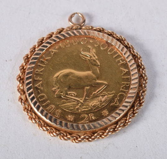 South Africa Two Rand Gold Coin Set In A Rope Framed Pendant. 10.39g, 2 ...