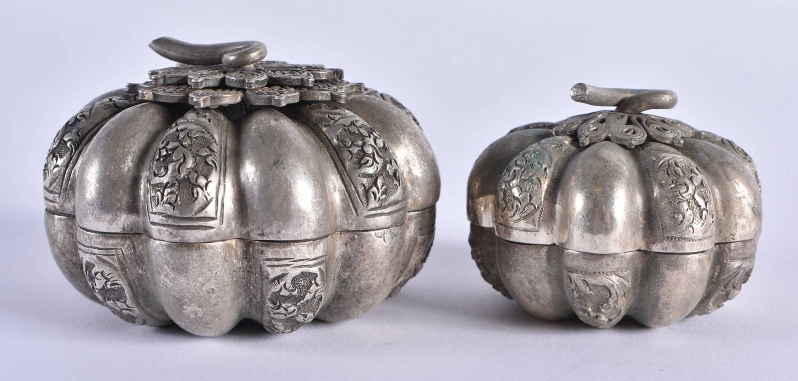Two Early 20th Century Southeast Asian White Metal Pumpkin Boxes ...