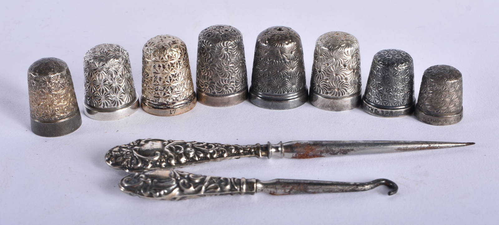 Two Charles Horner Silver Thimbles With Chester Hallmarks Together With Six Other Silver ...