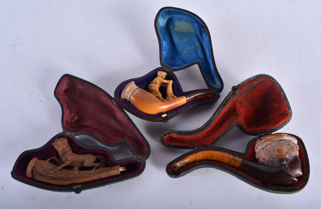 Three Cased Victorian Pipes. 1 X Amber, 1 X Wood And 1 Meerschaum With ...