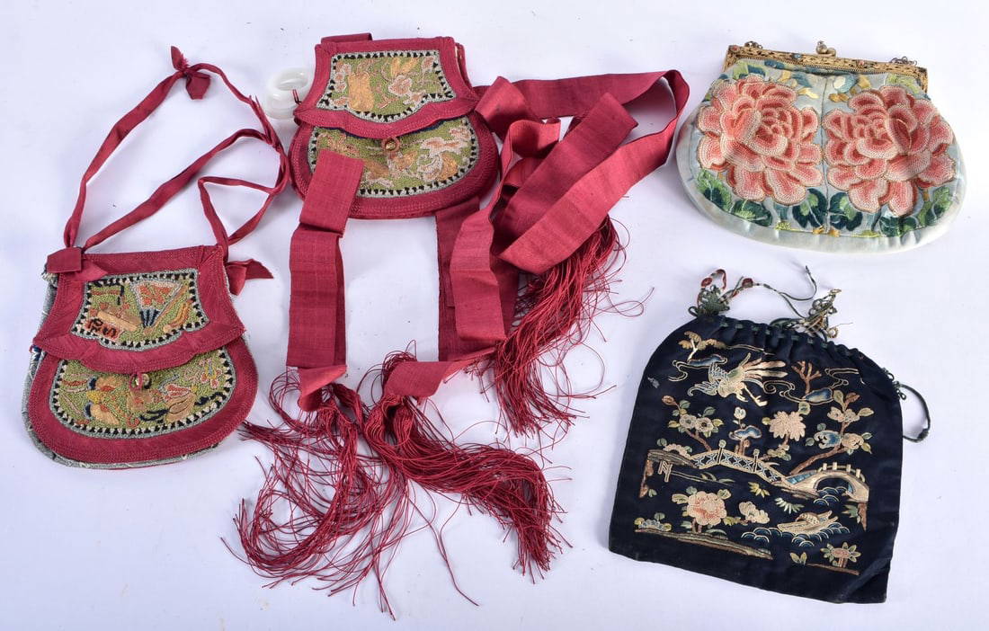 Four Late 19th Century Chinese Silk Embroidered Purses. (4) Auction