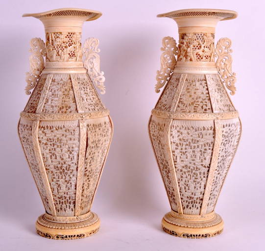 A Pair Of Mid 19th Century Chinese Canton Ivory Vases
