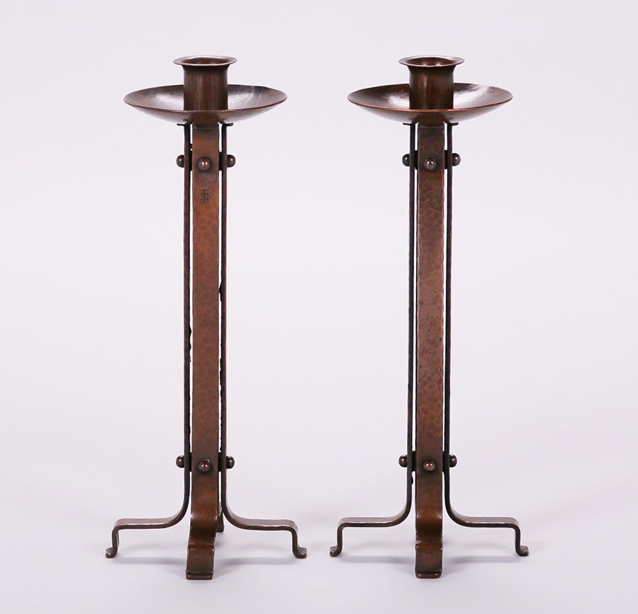 Roycroft Tall Strap Form Candlesticks