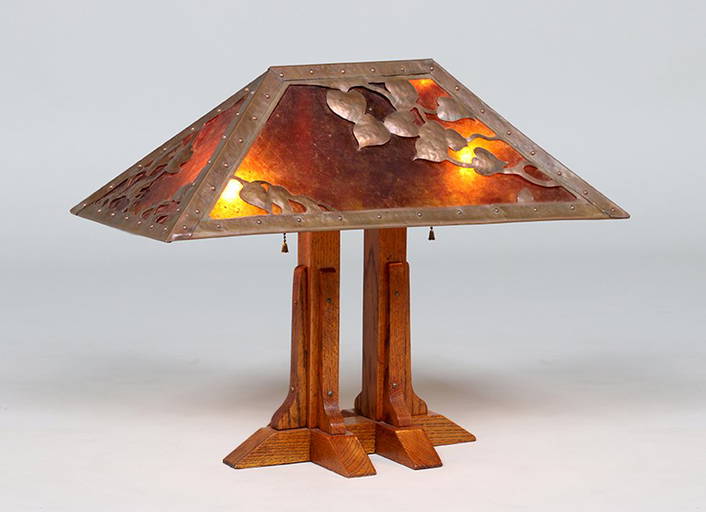 Contemporary Limbert Hammered Copper, Mica & Oak Lamp