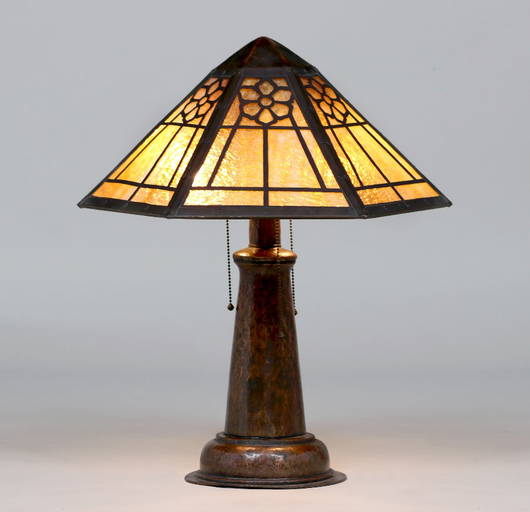 Limbert Hammered Copper & Slag Glass Lamp C1910