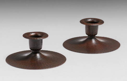 Pair Of Roycroft Hammered Copper Candlesticks