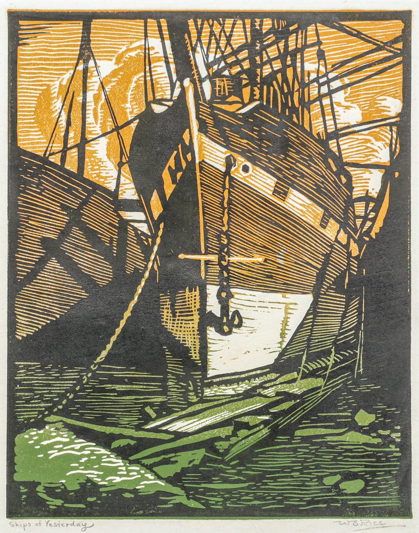 William Rice Color Woodcut "ships Of Yesterday" C1926 Auction