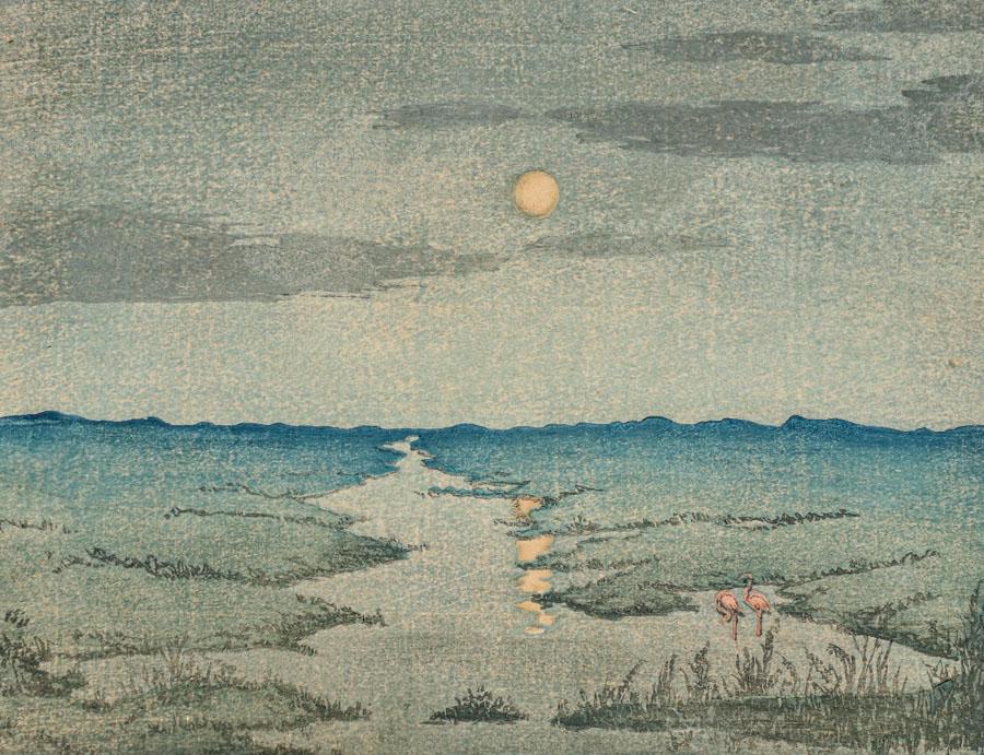 Moonlit Arthur Wesley Dow Style Color Woodcut Marsh Scene With ...