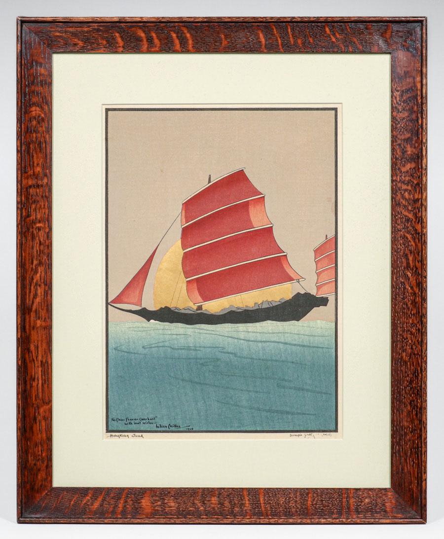 Lilian Miller Color Woodcut "hong King Junk" 1928 Auction