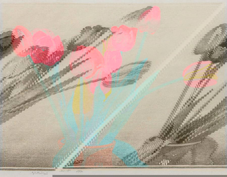 Walter J. Phillips (1884-1963) Color Woodcut "tulips" C1920s Auction