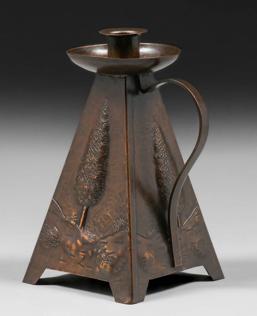 Arts & Crafts Hammered Copper Repousse Pine Tree Candlestick C1905 Auction