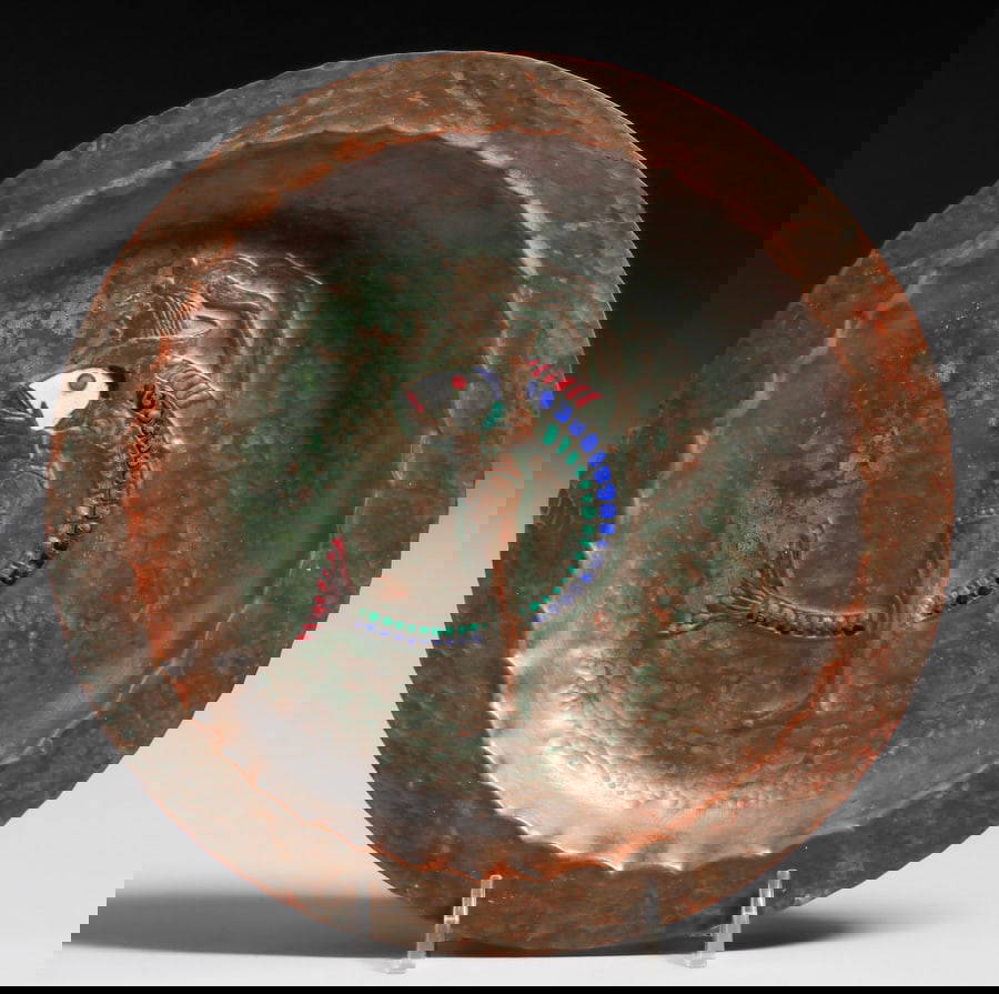 Vierthaler Hammered Copper Jester Tray Holding Enamel Fish C1910 Auction