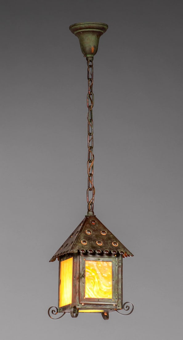 Arts & Crafts Period Copper & Slag Glass Hanging Light C1910 Auction