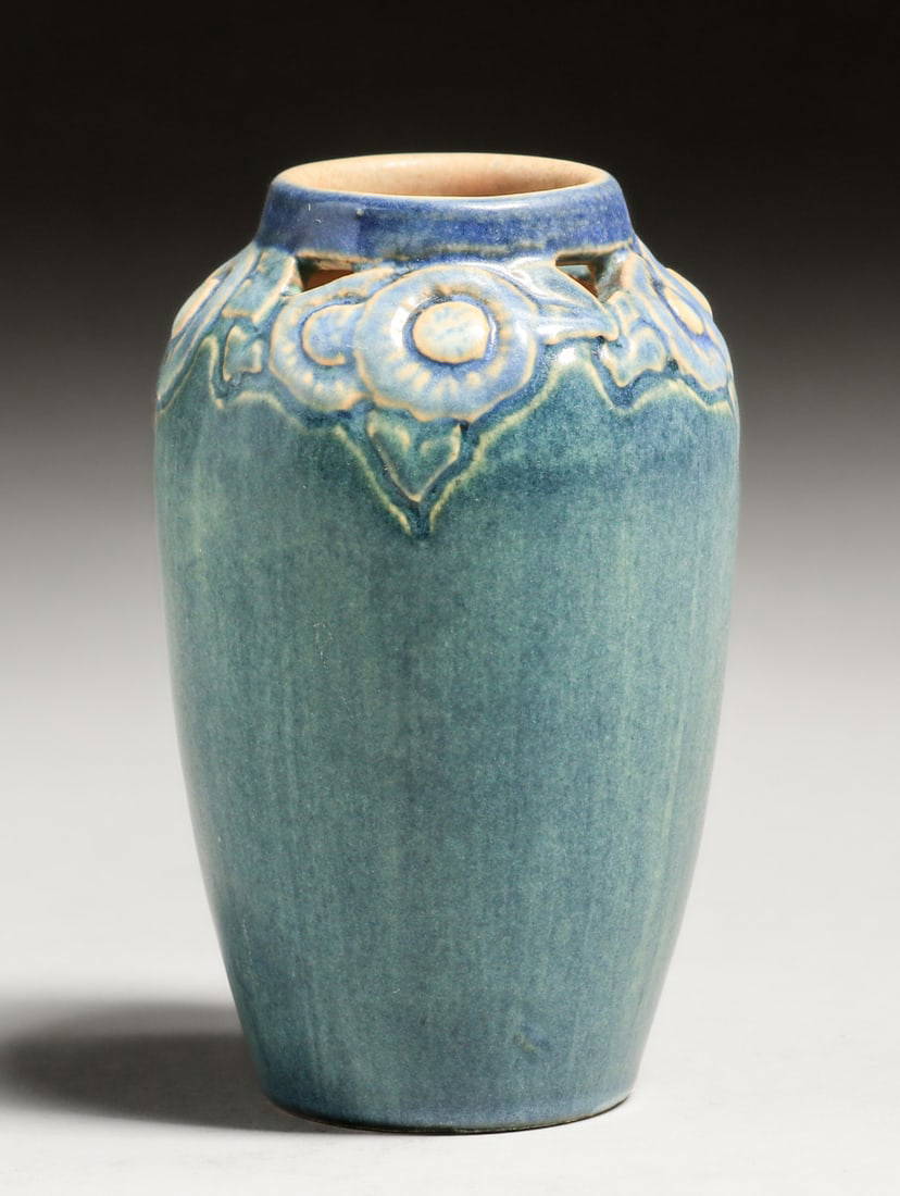 Unusual Newcomb College Alma Mason Cutout Carved Floral Vase 1912 Auction