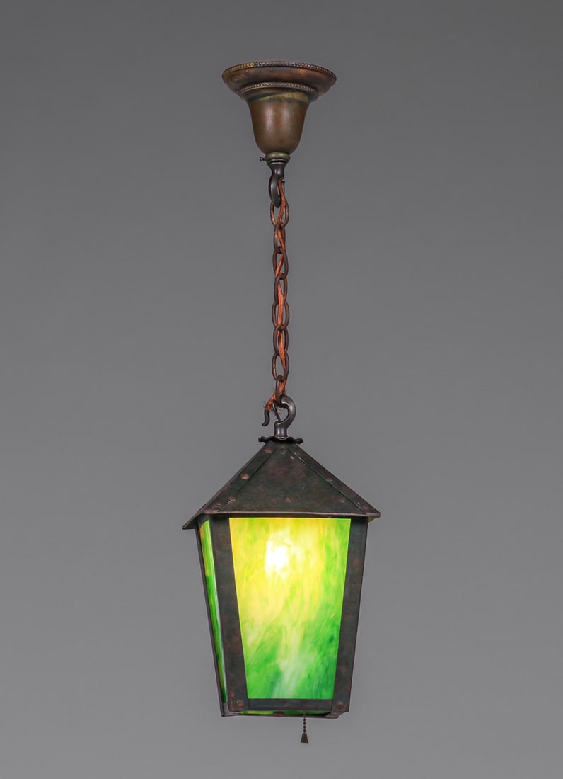 Arts & Crafts Hammered Iron & Slag Glass Hanging Light C1910