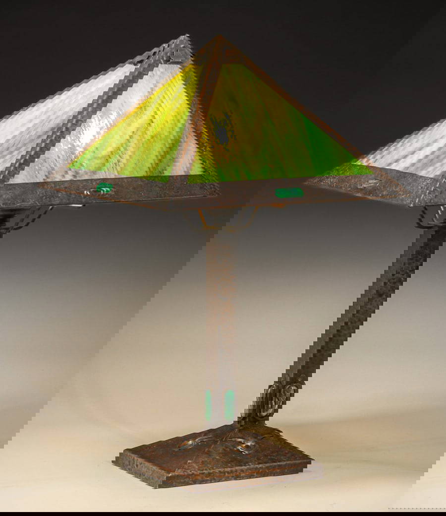 Arts & Crafts Hammered Copper, Slag Glass & Malachite Cabochon Lamp ...