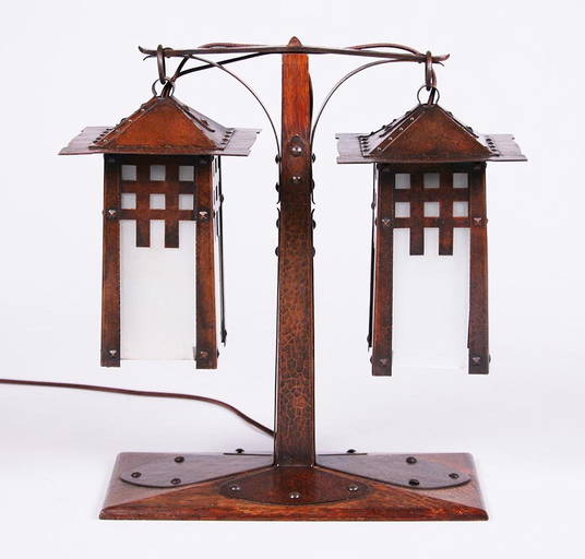 Gustav Stickley Hammered Copper Double Lamp