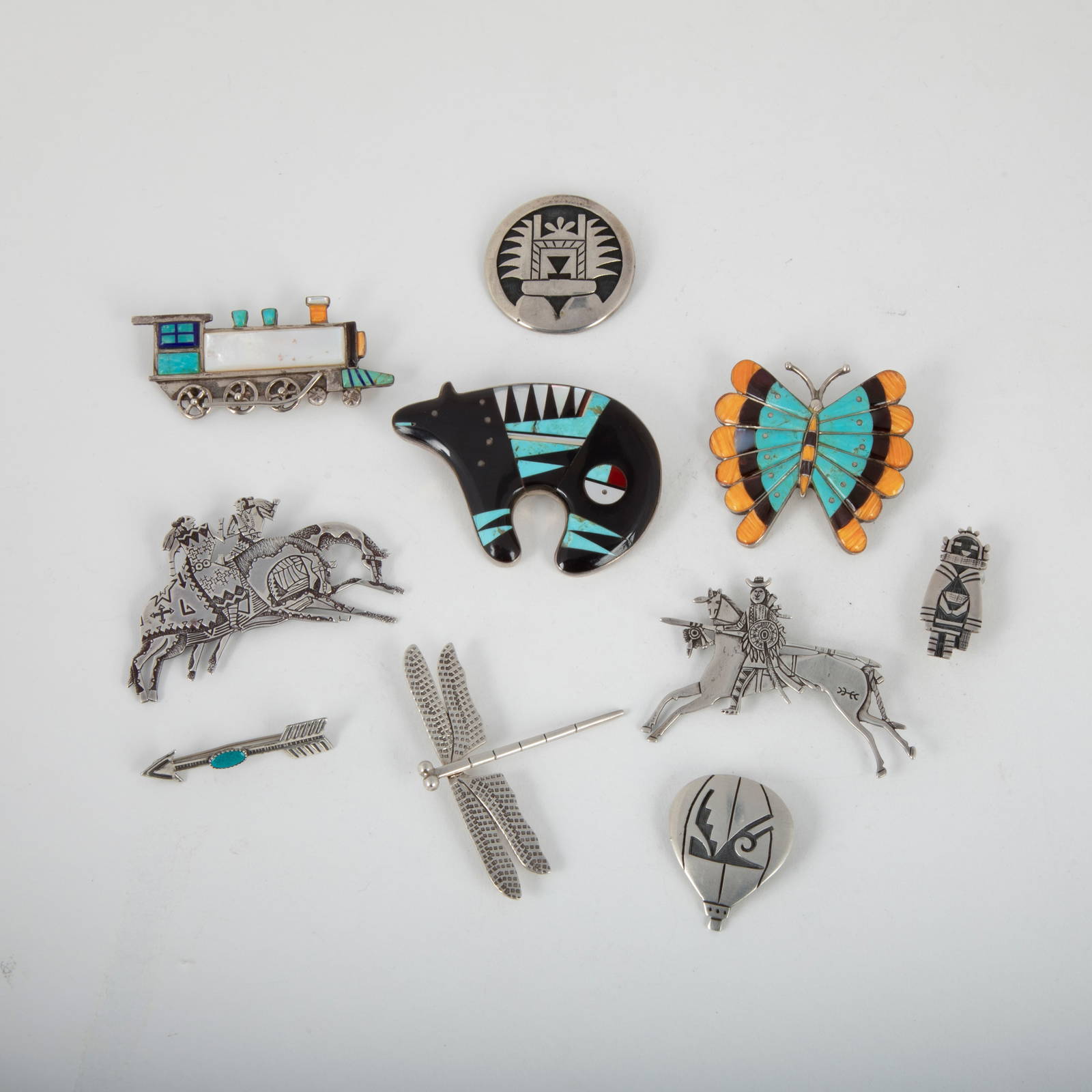 A Group Of Ten Silver Native American Pins (some Pin/pendants And Some ...