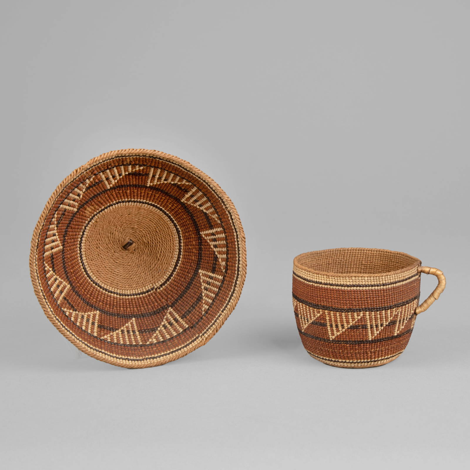 Attributed To Elizabeth Hickox, Polychrome Basketry Bowl + Cup, Ca ...