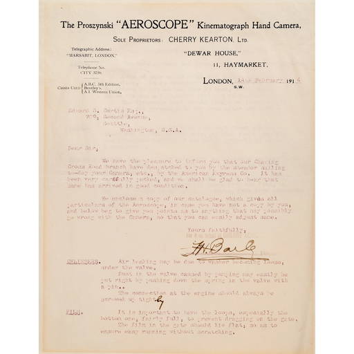 Edward S. Curtis, Letter To Curtis From Aeroscope Kinematograph Hand ...