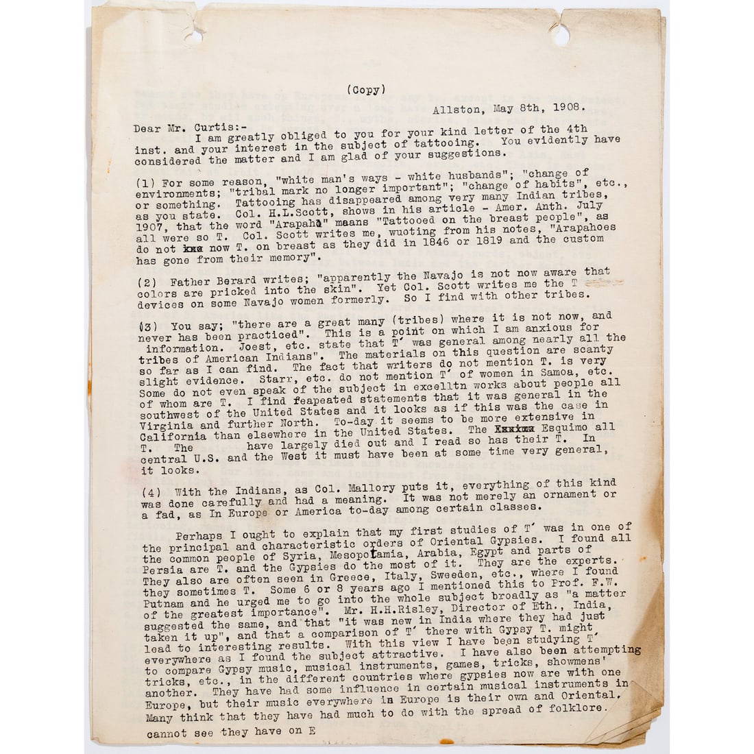 Edward S. Curtis, Letter From A.t. Sinclair, 1908 Auction