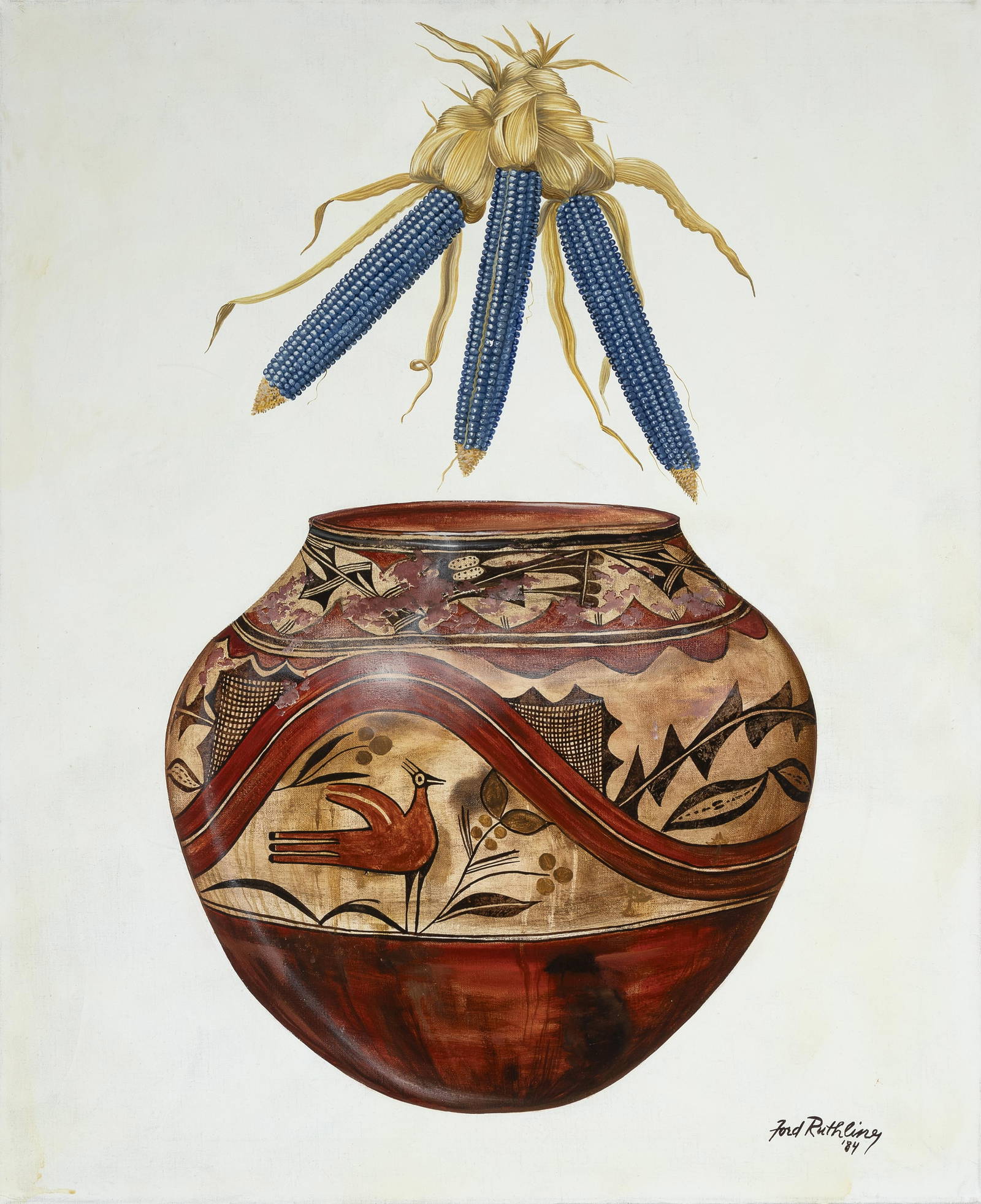 Ford Ruthling, Zia Pot With Three Ears Of Corn, 1984 Auction