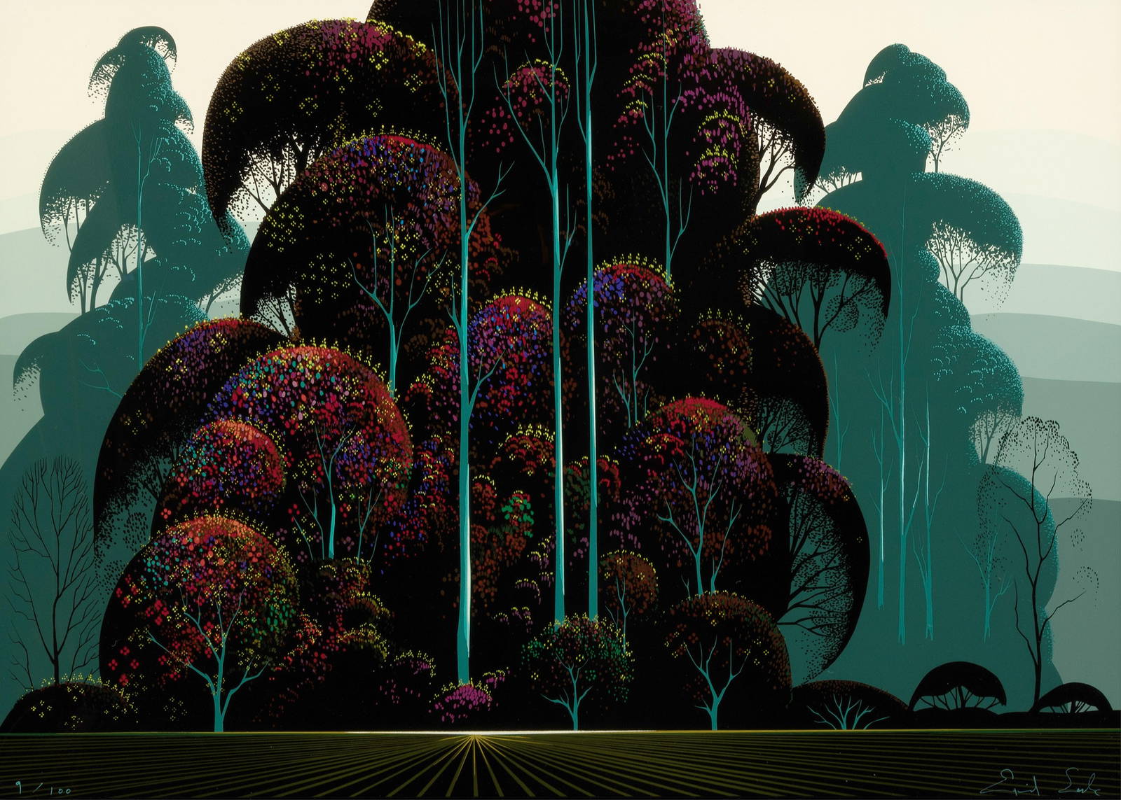 Eyvind Earle, Crimson Autumn Auction