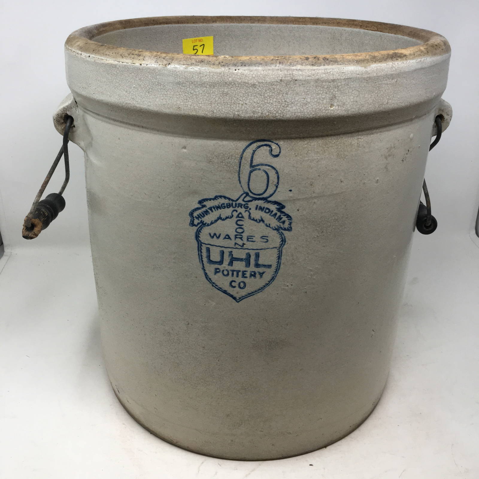 6 Gallon Uhl Stoneware Crock, Bail Handles Auction