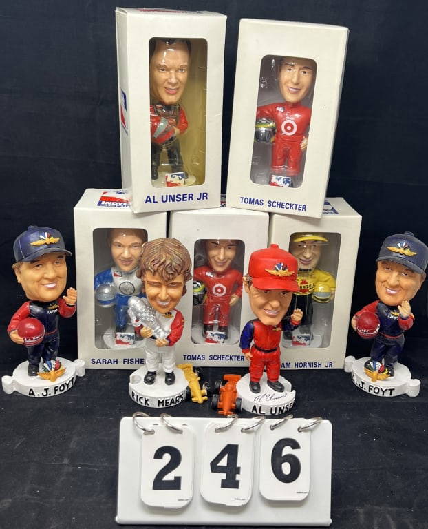 Nine Indy Car Bobble Heads: 5 Nib & 4 W/o Boxes. 8" X 4" X 3" Auction
