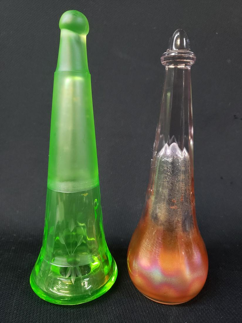 2 Antique Glass Car Bud Vases, Uranium, Carnival