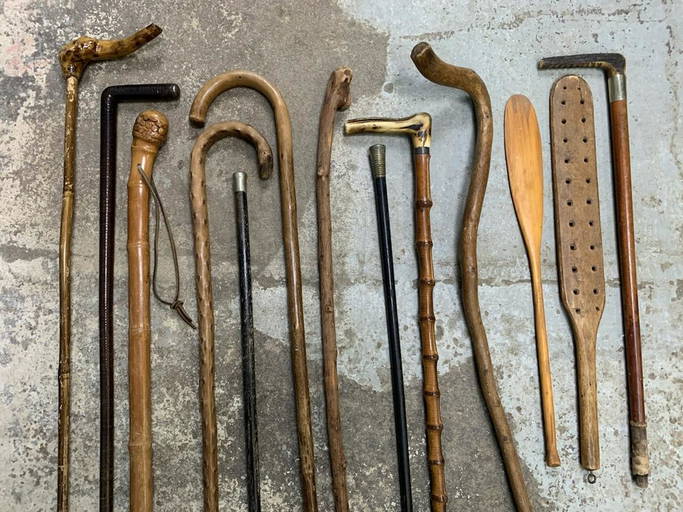 Lot Of Antique Wood Canes, Paddles, Riding Crops