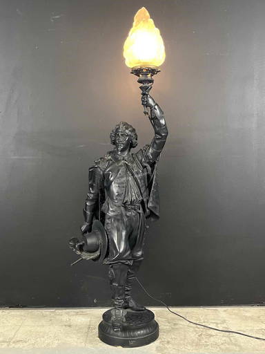 Large Antique French Bronzed Statue Lamp, Musketeer