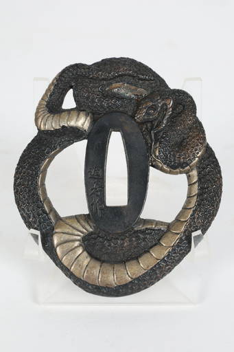Signed Japanese Mixed Metal Snake Tsuba