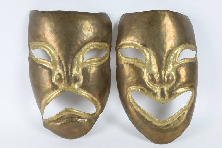 Mid Century Brutalist Hammered Brass Theatre Masks