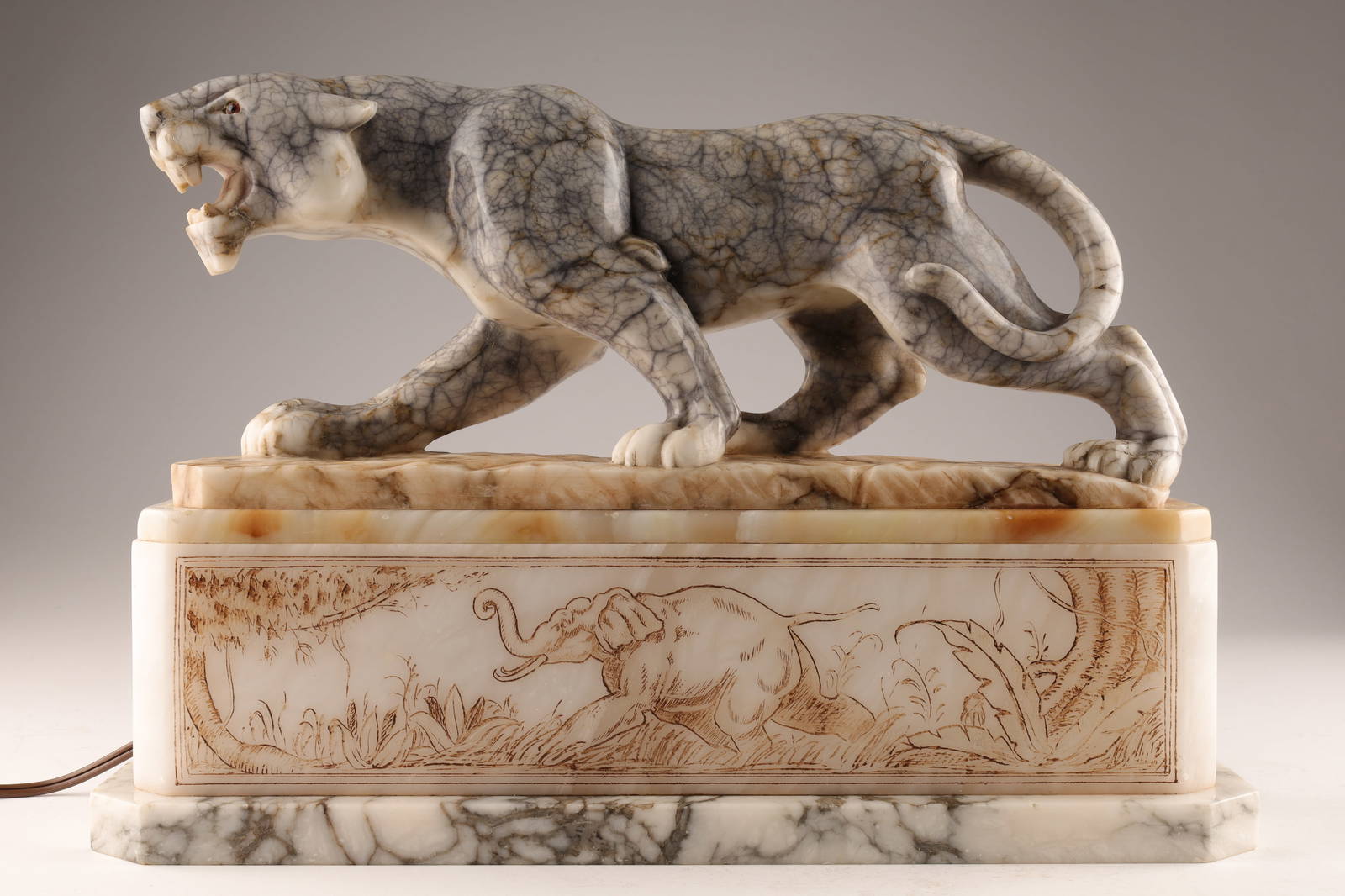 Antique Art Deco Alabaster Tiger Lamp Auction
