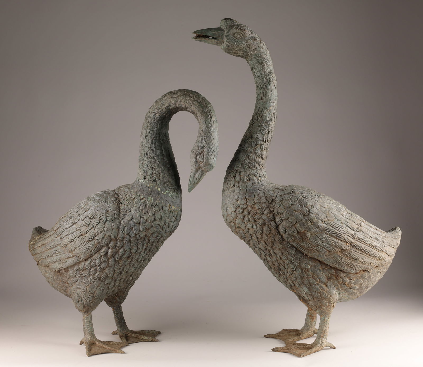 Pair Of Cast Metal Goose Garden Figures Fountain Auction