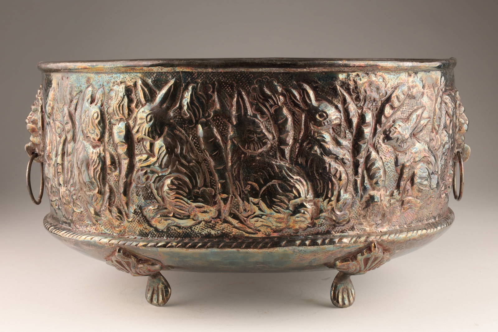 Vintage Silver Plated Repousse Rabbit Jardiniere Auction