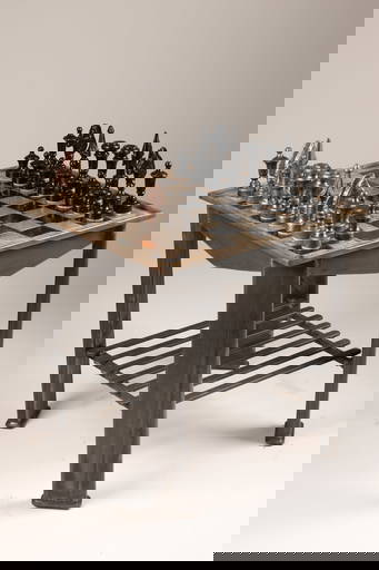 Brutalist Metal Chess Board Table With Chess Set