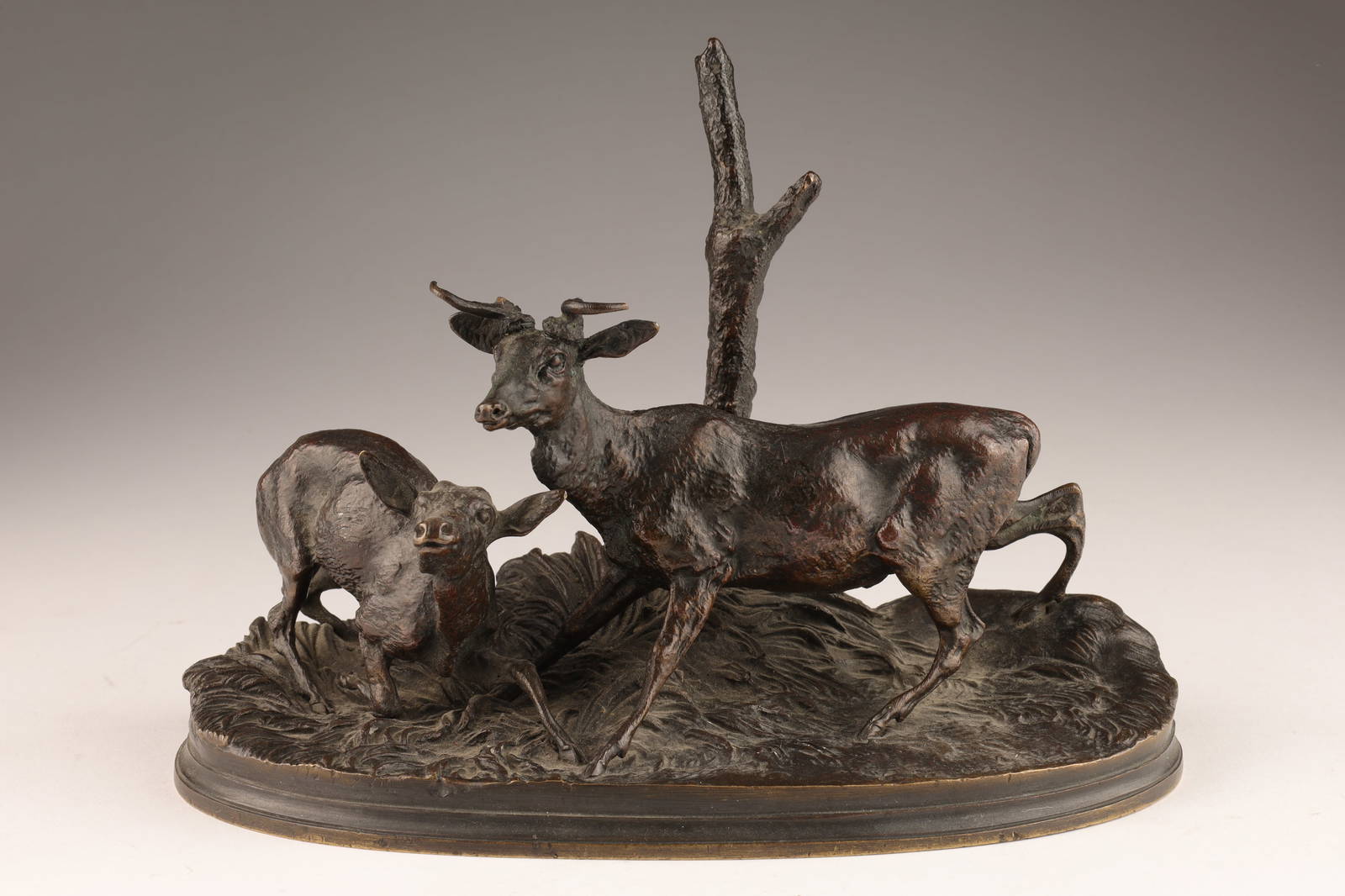 After Pierre Jules Mene (french) Bronze Stag W Doe Auction