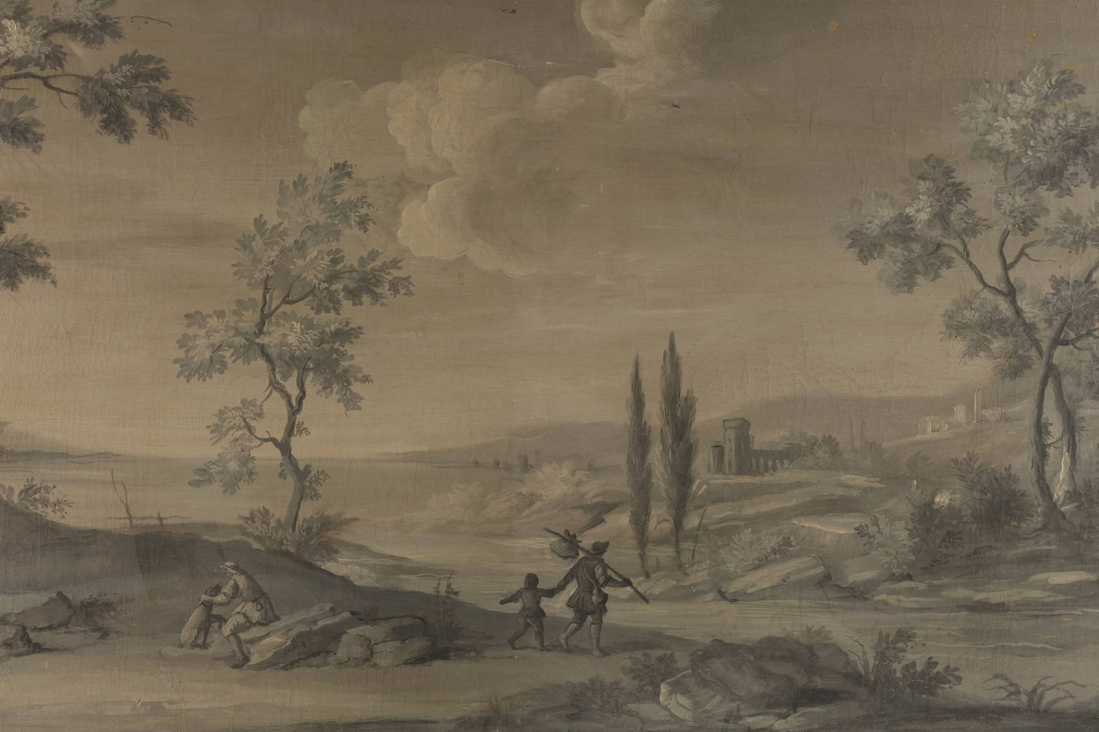 19th C Large Venetian Italian Grisaille Figural Landscape Painting Auction