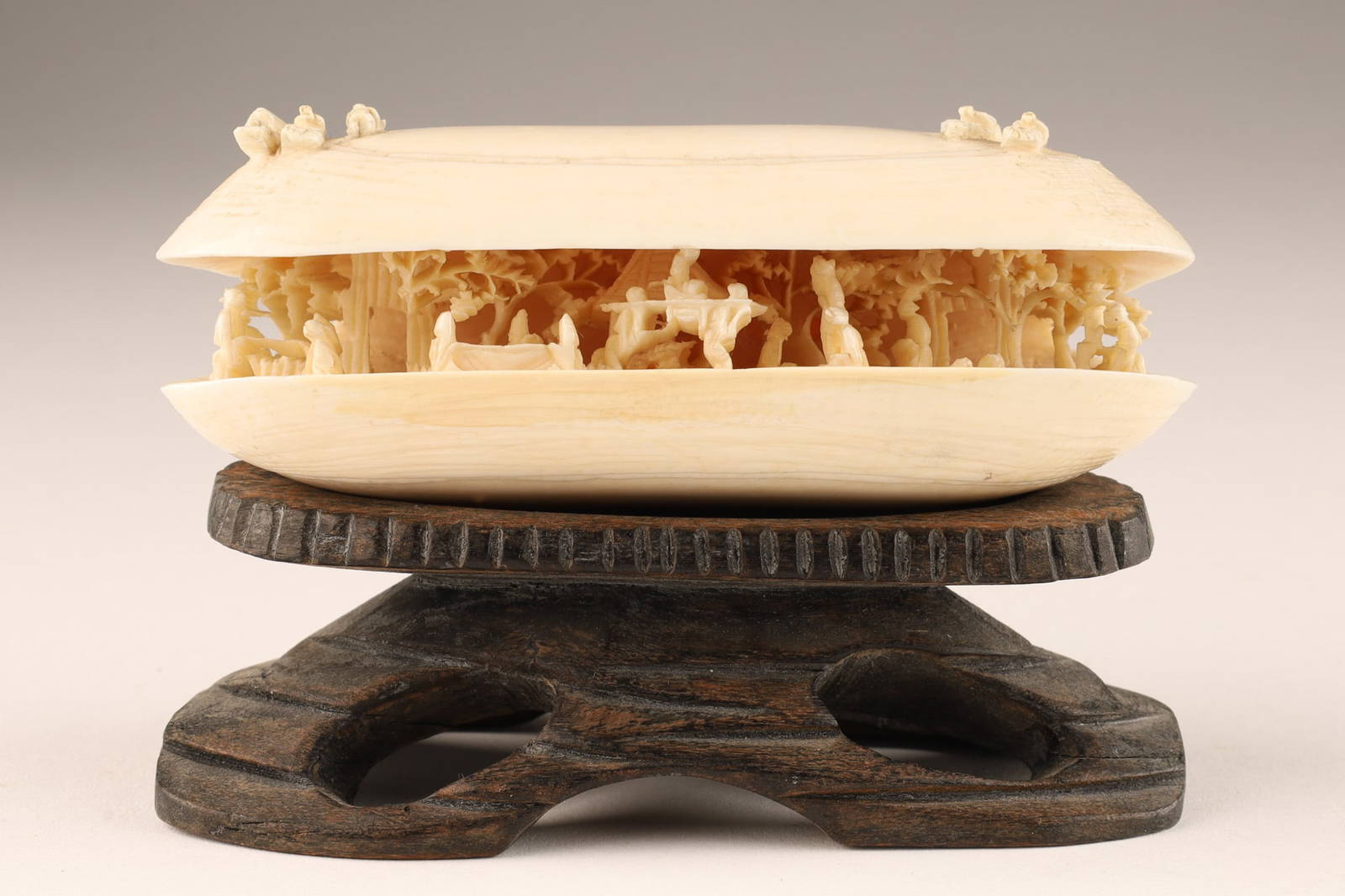 Chinese Clam Shell Carving Of A Village Scene Auction