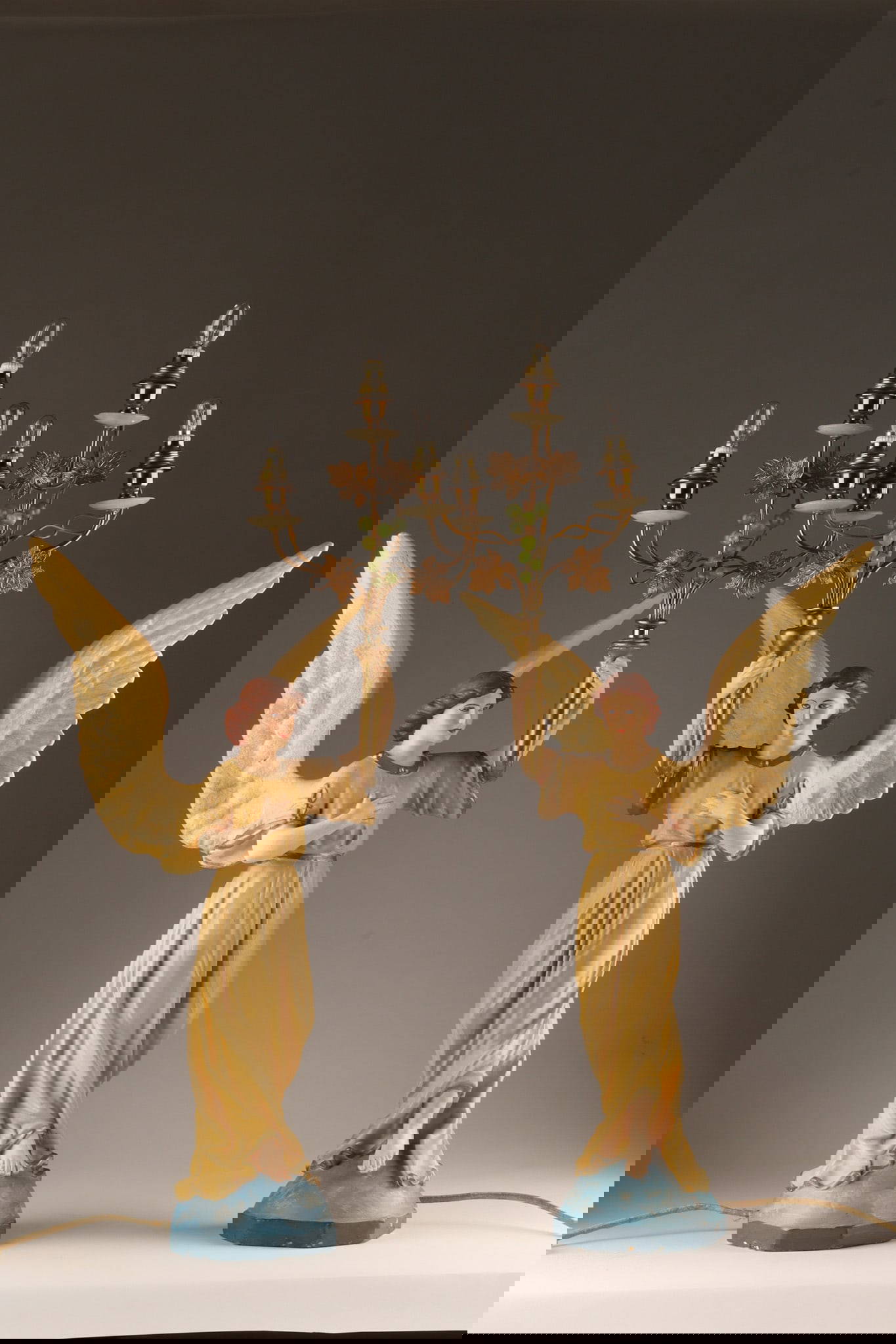 Pair Antique Chalkware Angel Candelabras Lights Auction