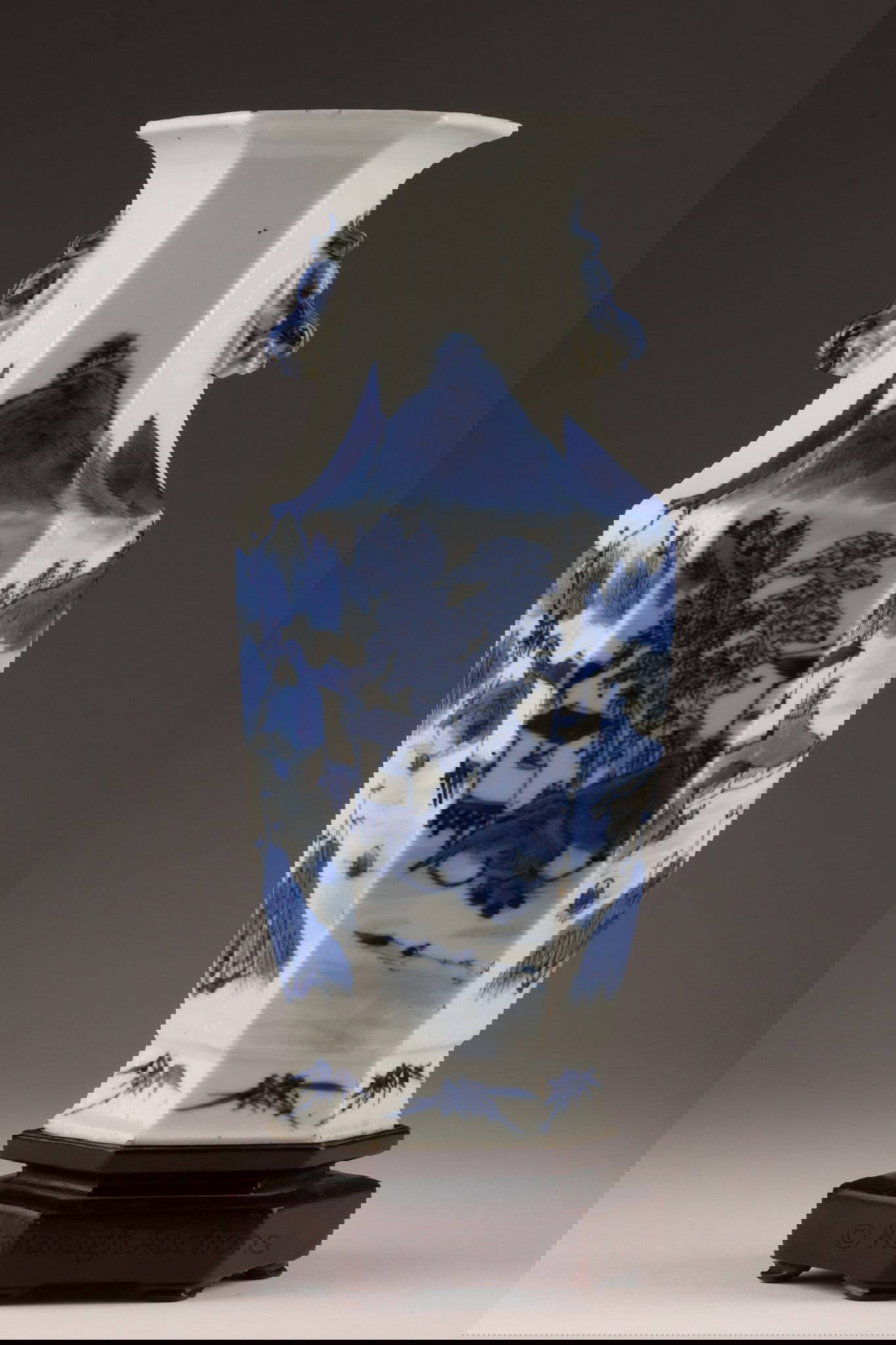 Antique Chinese Blue And White Hexagonal Vase Poem Auction