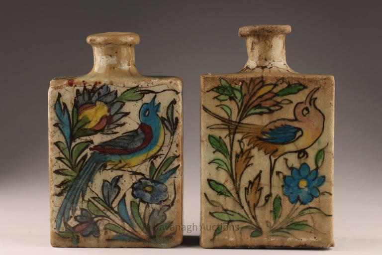 Pair Antique Middle Eastern Qajar Pottery Flasks