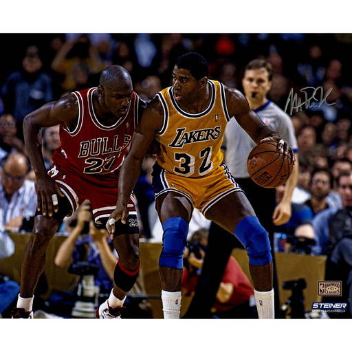 Magic Johnson Signed Posting Up Michael Jordan 16x20 Ph
