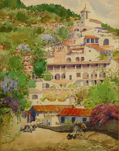 J.r.thomson: Hillside Town, Watercolor