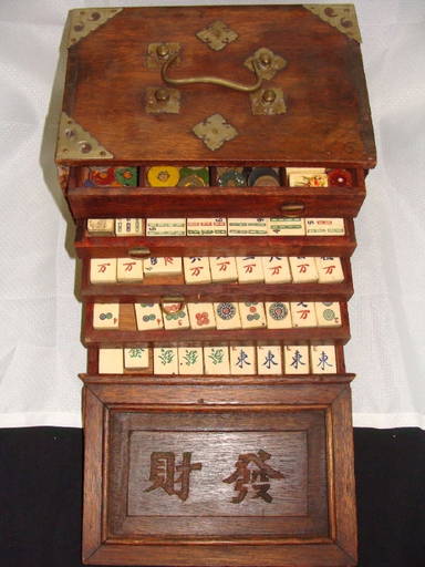 Bone Carved Mahjong Set In 5 Tiered Wood Box Dovet