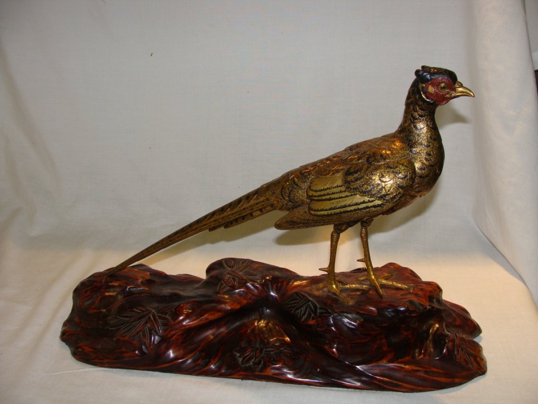 Japanese Bronze Royal Pheasant Signed on Carved Wood